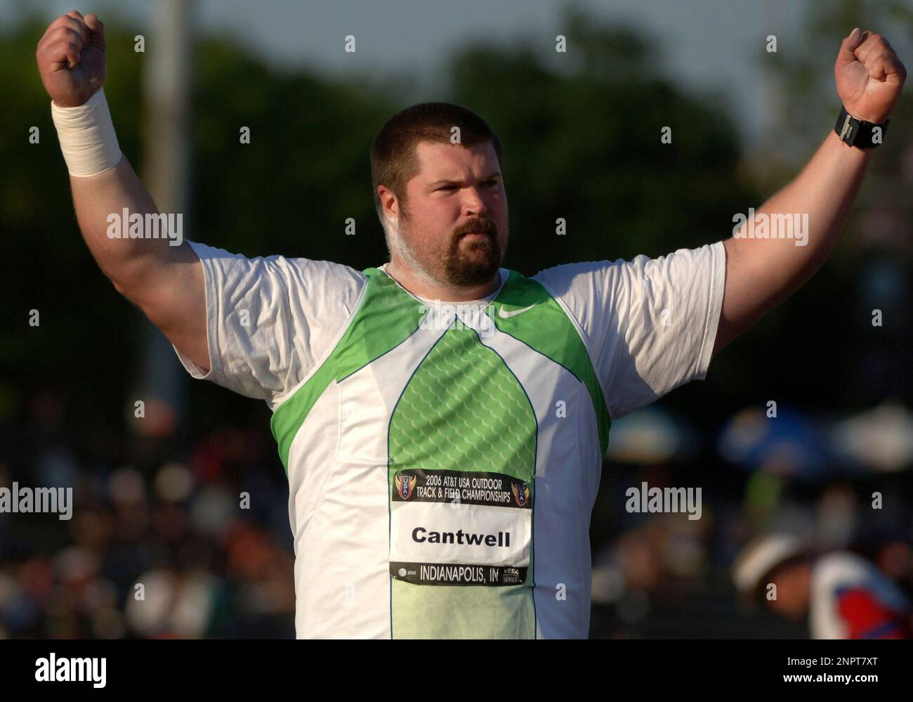 Christian Cantwell celebrates a throw in the shot put in the USA Track ...