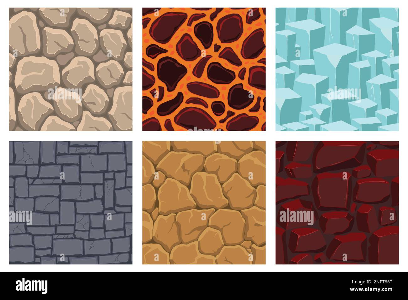 Cartoon game textures, lava, ice, rocks and brick, dirt and ground ...