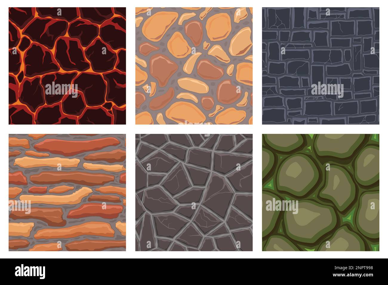 Cartoon game textures, lava, rocks and brick, dirt and ground surface ...