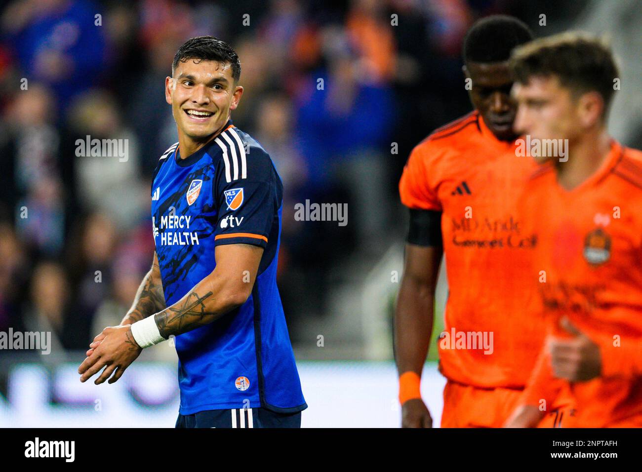 Cincinnati forward Brandon Vázquez (19) reacts during an MLS soccer ...
