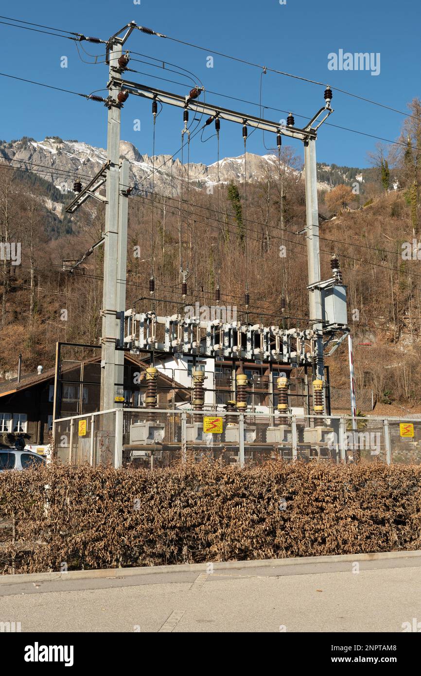 Brienz, Switzerland, February 10, 2023 Electric power station and an ...