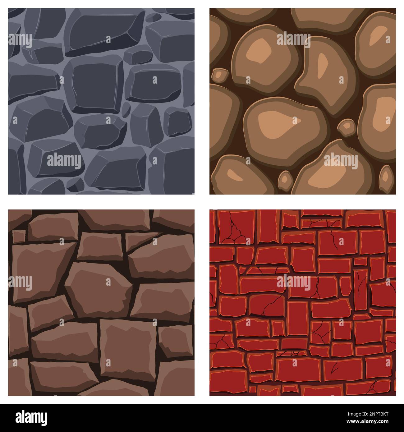 Cartoon game textures, lava, rocks and brick, dirt and ground surface ...