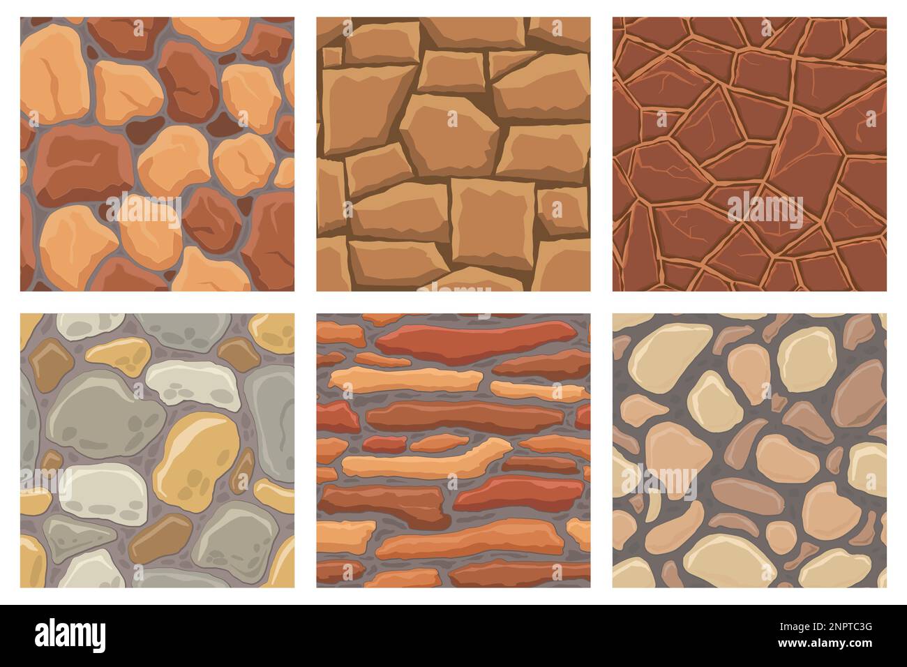 Cartoon game textures, rocks, dirt and ground surface seamless patterns ...