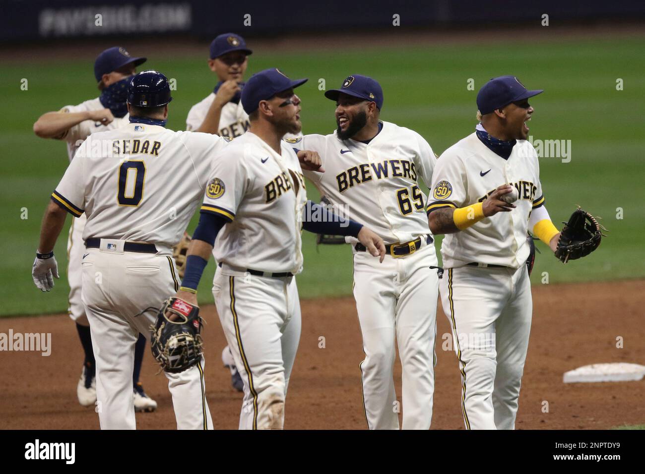 MILWAUKEE, WI - JULY 14: The Milwaukee Brewers yellow team celebrates a ...