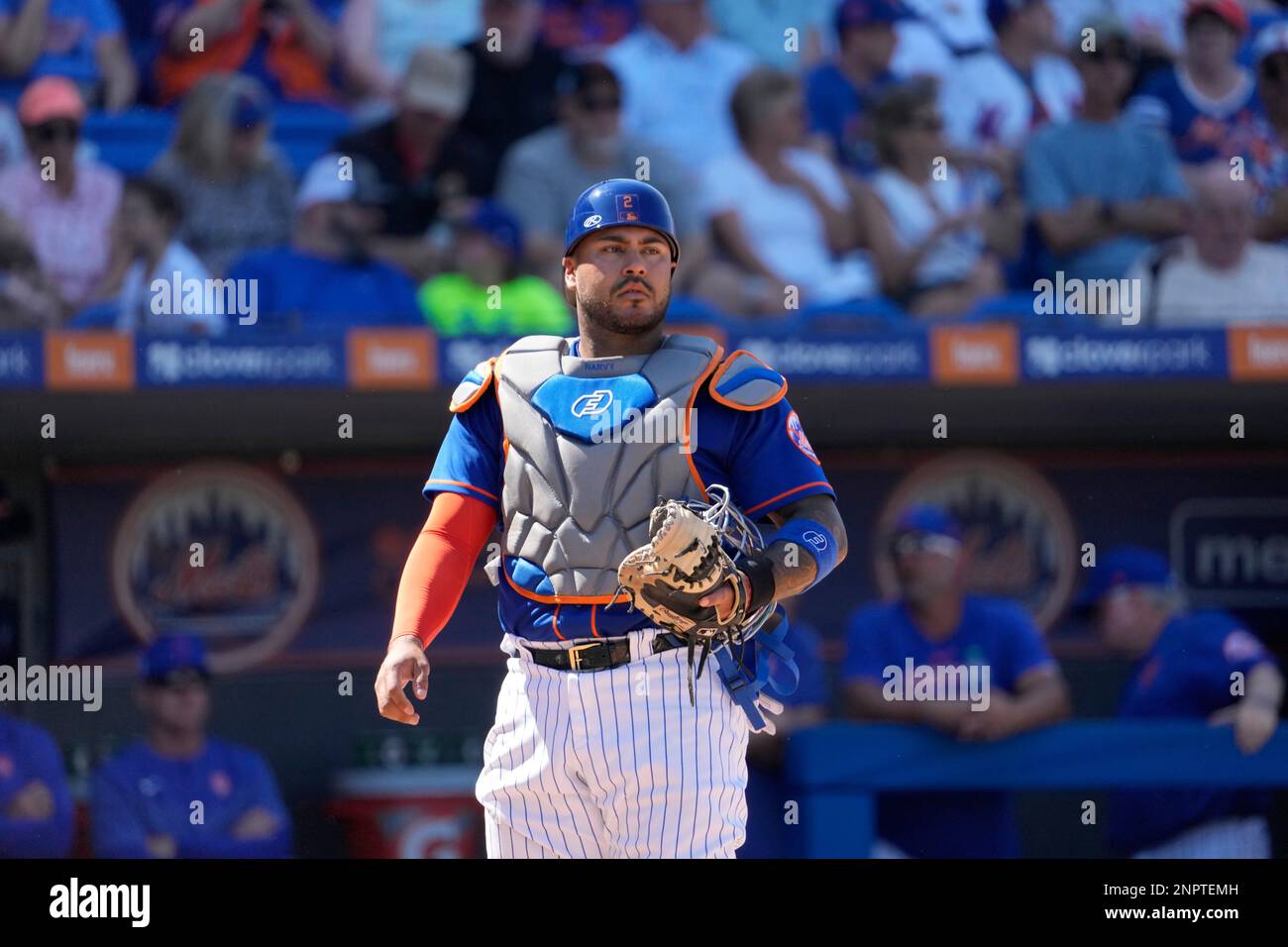 New York Mets catcher Omar Narvaez pauses before the start of the third ...