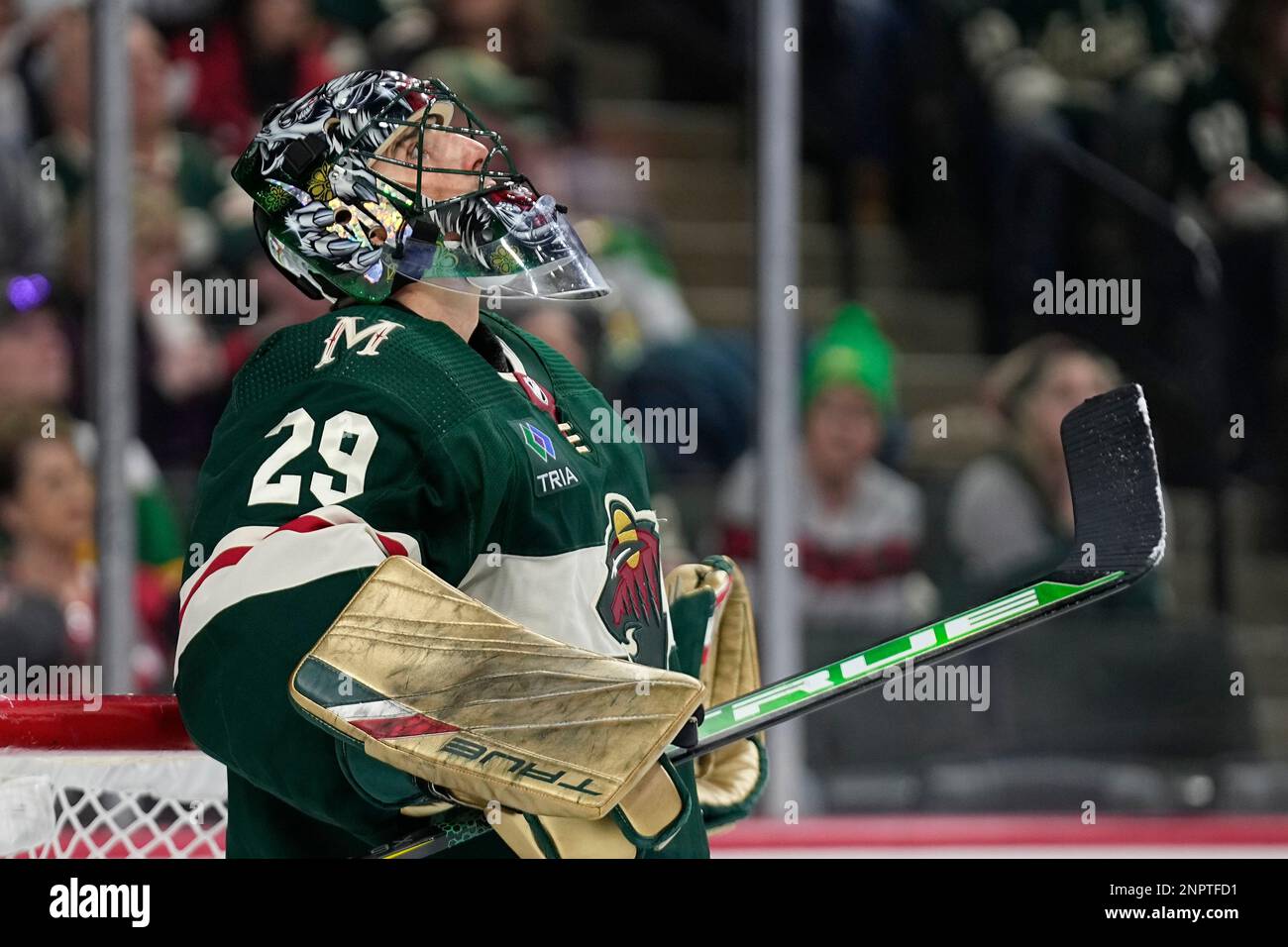 Minnesota Wild goaltender Marc-Andre Fleury (29) looks up at the video ...