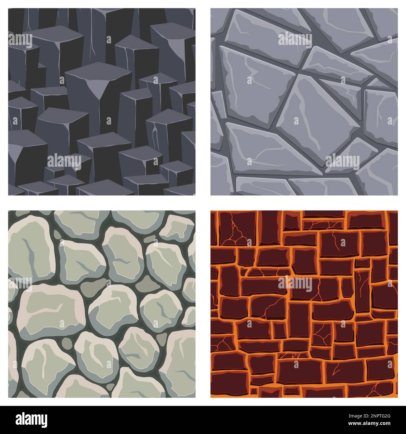 Cartoon game textures, lava, rocks and brick, dirt and ground surface ...