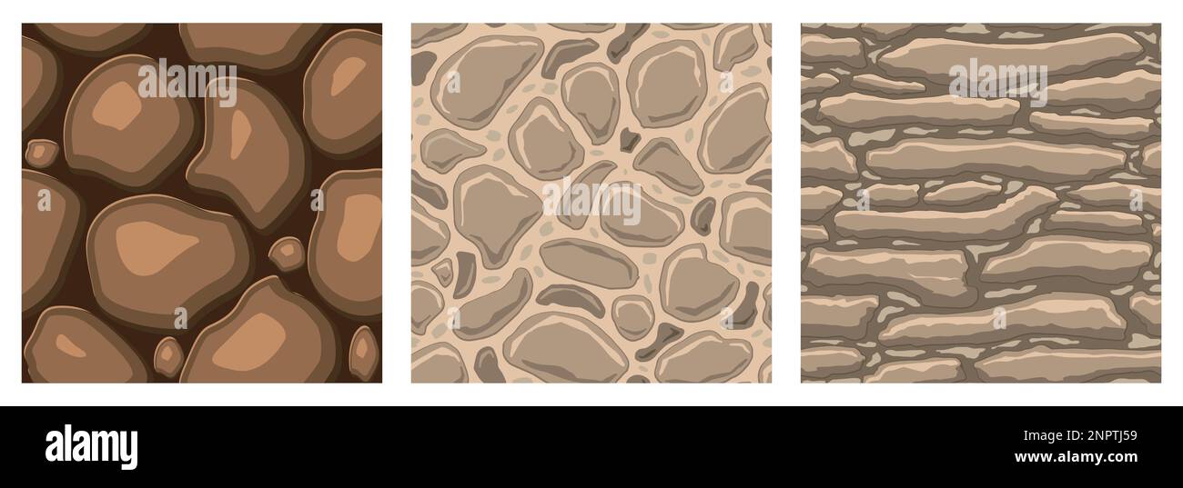 Cartoon game textures, rocks, dirt and ground surface seamless patterns ...