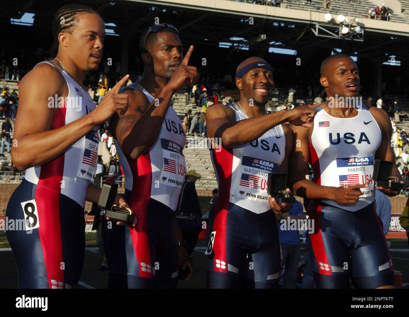 The USA Blue 4 x 400-meter relay of Wallace Spearmon, Derrick Brew ...