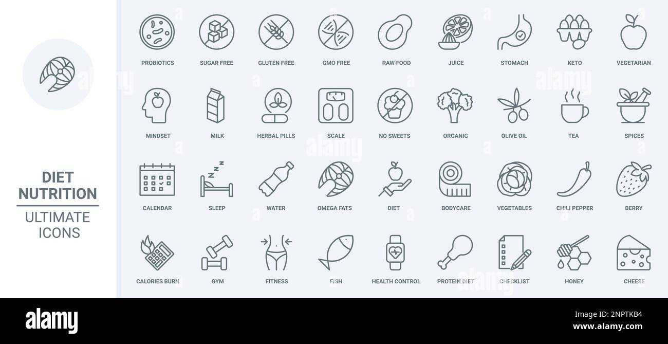 Nutrition diet thin line icons set vector illustration. Outline organic ...