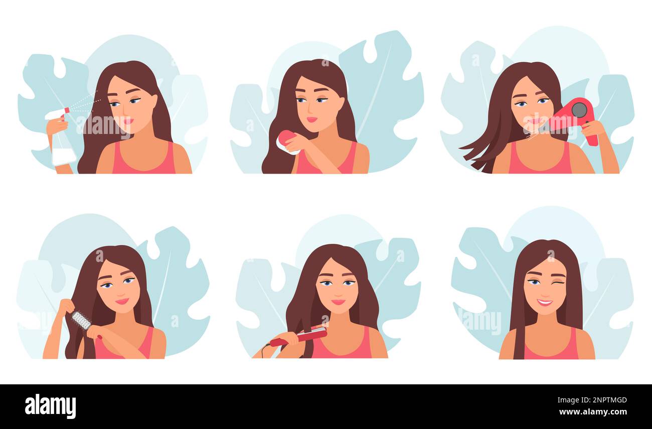 Hair care and hairstyle routine set vector illustration. Cartoon girls ...