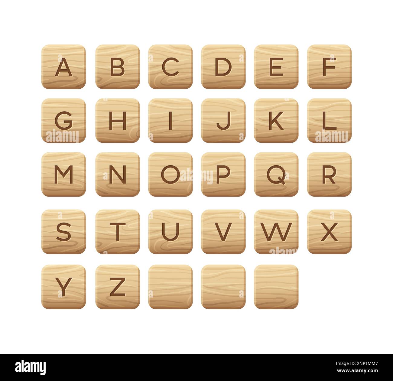 Wooden tiles alphabet. Square block with letters. Game asset, puzzle or ...
