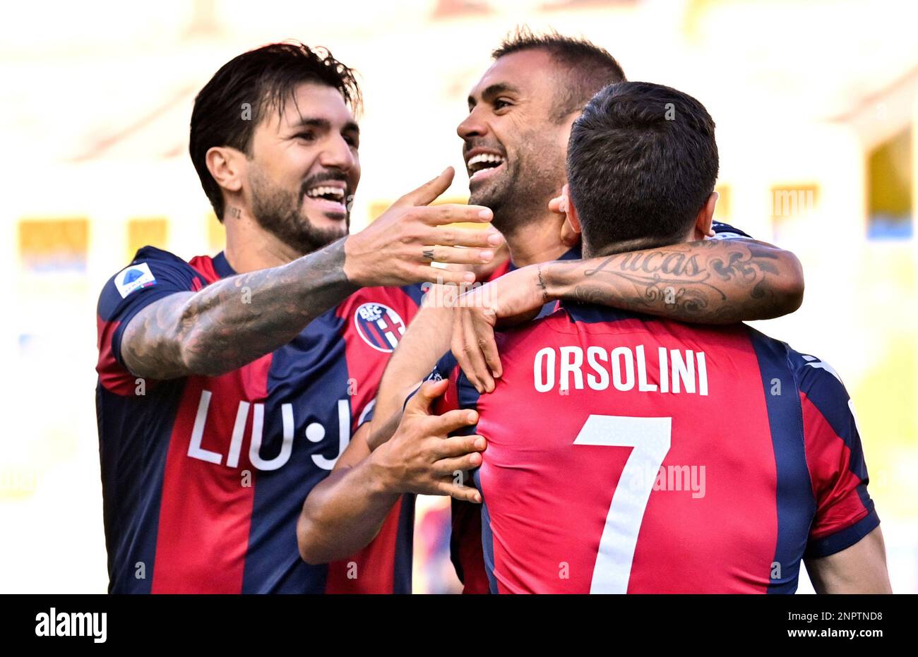 Bologna's Danilo Larangeira, center, celebrates scoring during a Serie ...