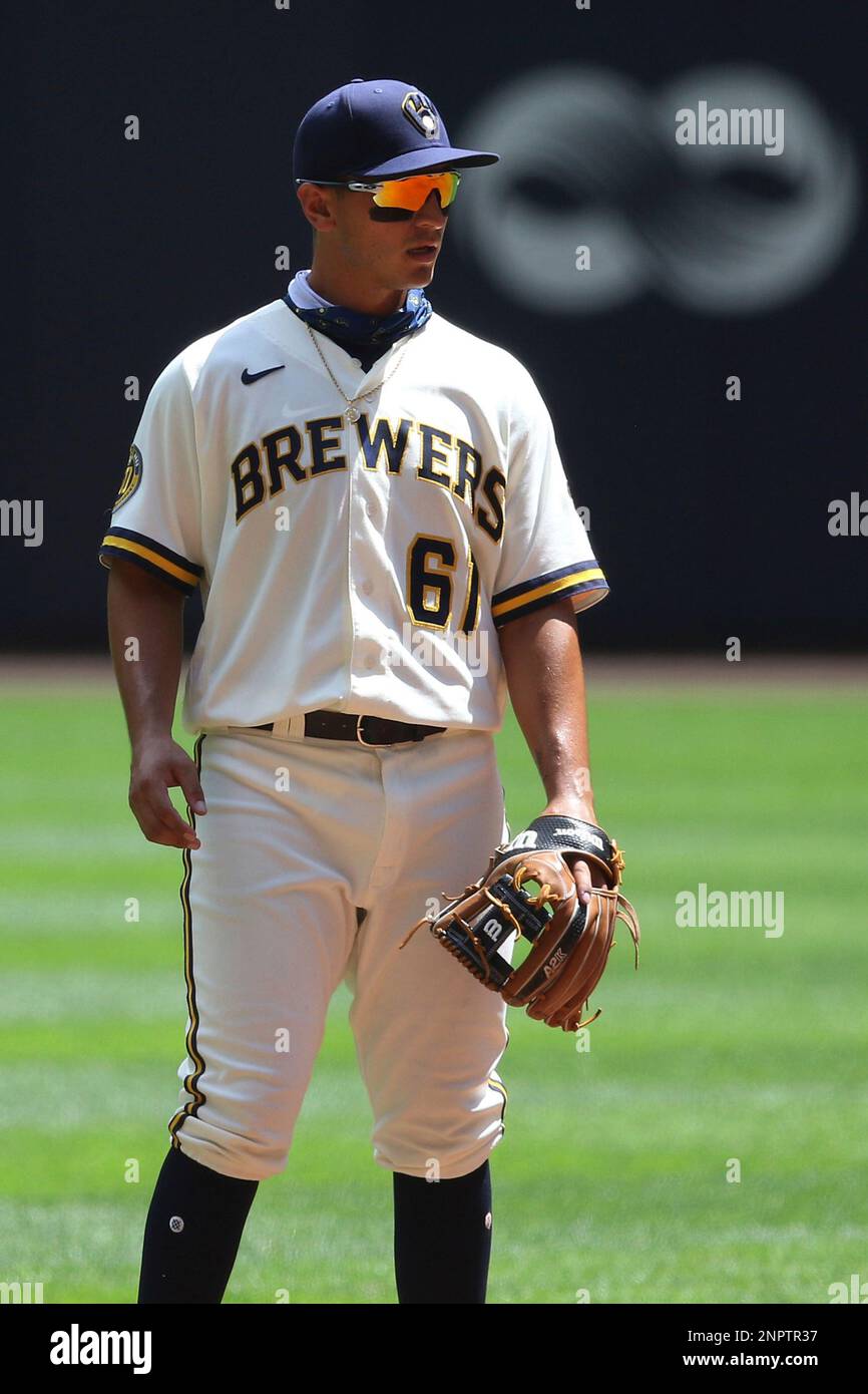 MILWAUKEE, WI - JULY 10: Milwaukee Brewers infielder Mark Mathias waits ...