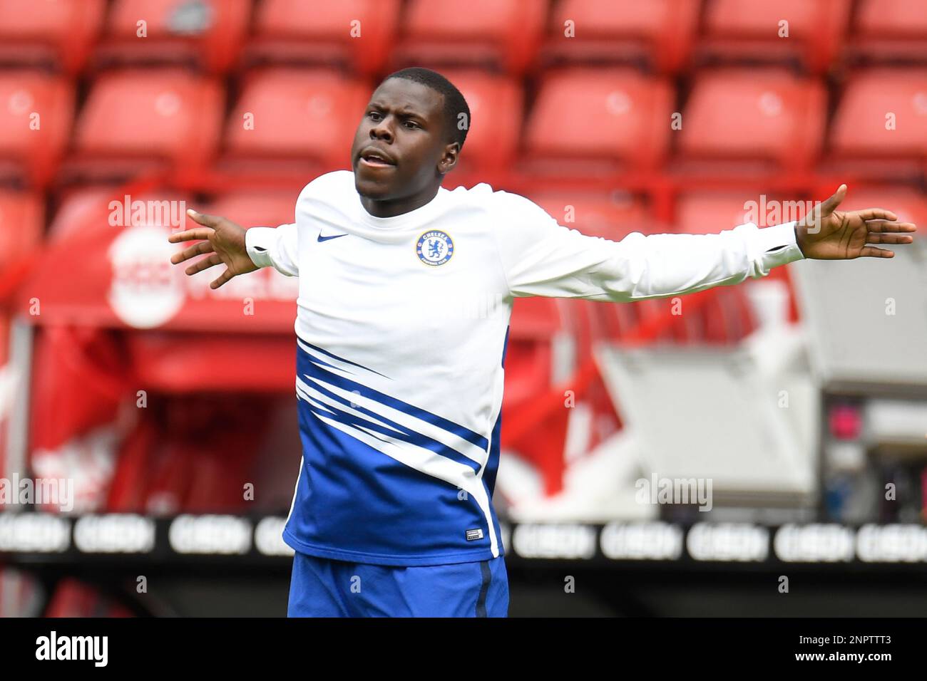 Chelsea's Kurt Zouma warms up before the English Premier League soccer ...