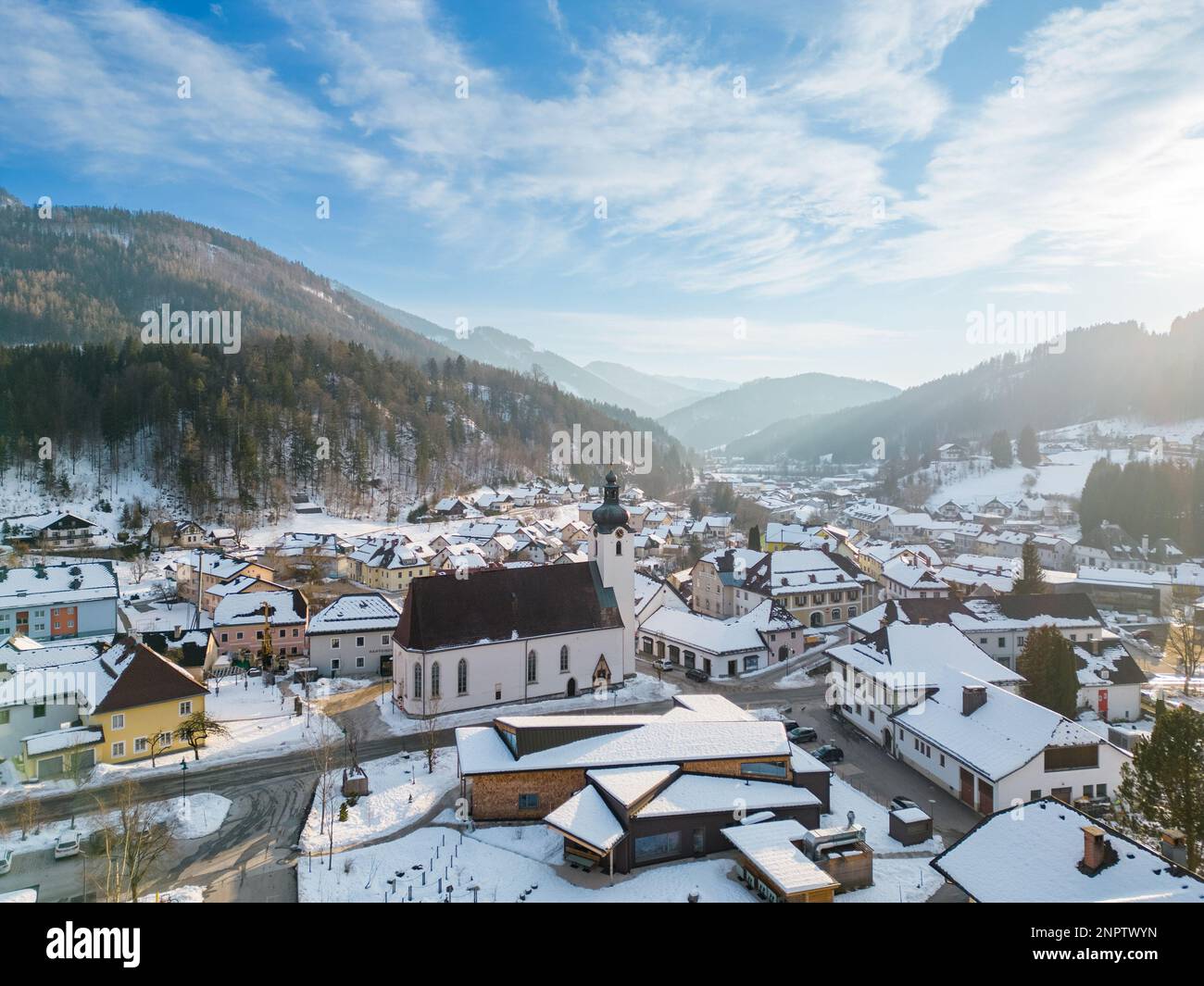 Lunz am See in the Austrian Ybbstal during winter. Frozen city in the ...