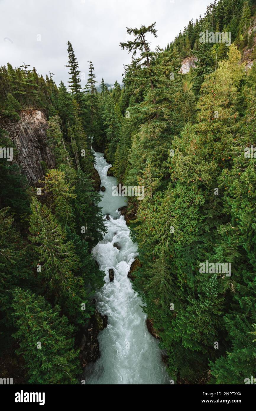 Clear blue water in Whistler, West Canada, from above, surrounded by ...
