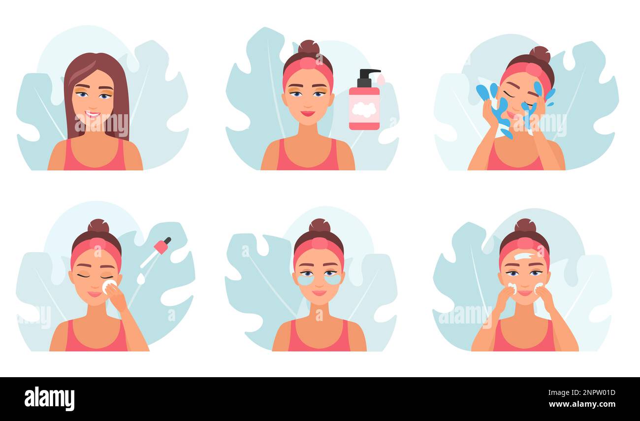 Makeup removal set vector illustration. Cartoon girls remove visage ...
