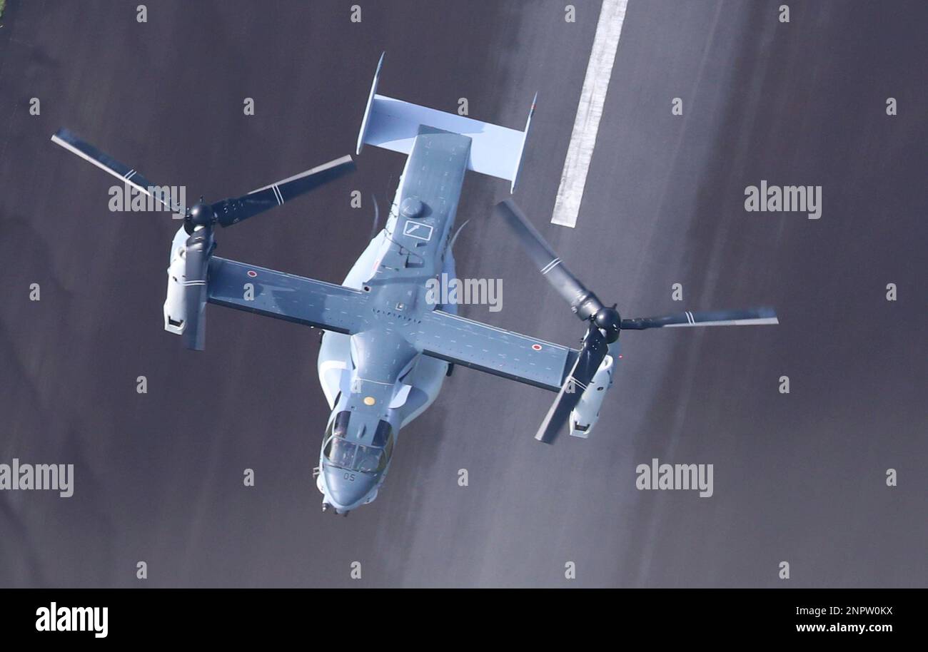 An aerial photo shows a Bell Boeing V-22 Osprey of Japan Ground Self ...