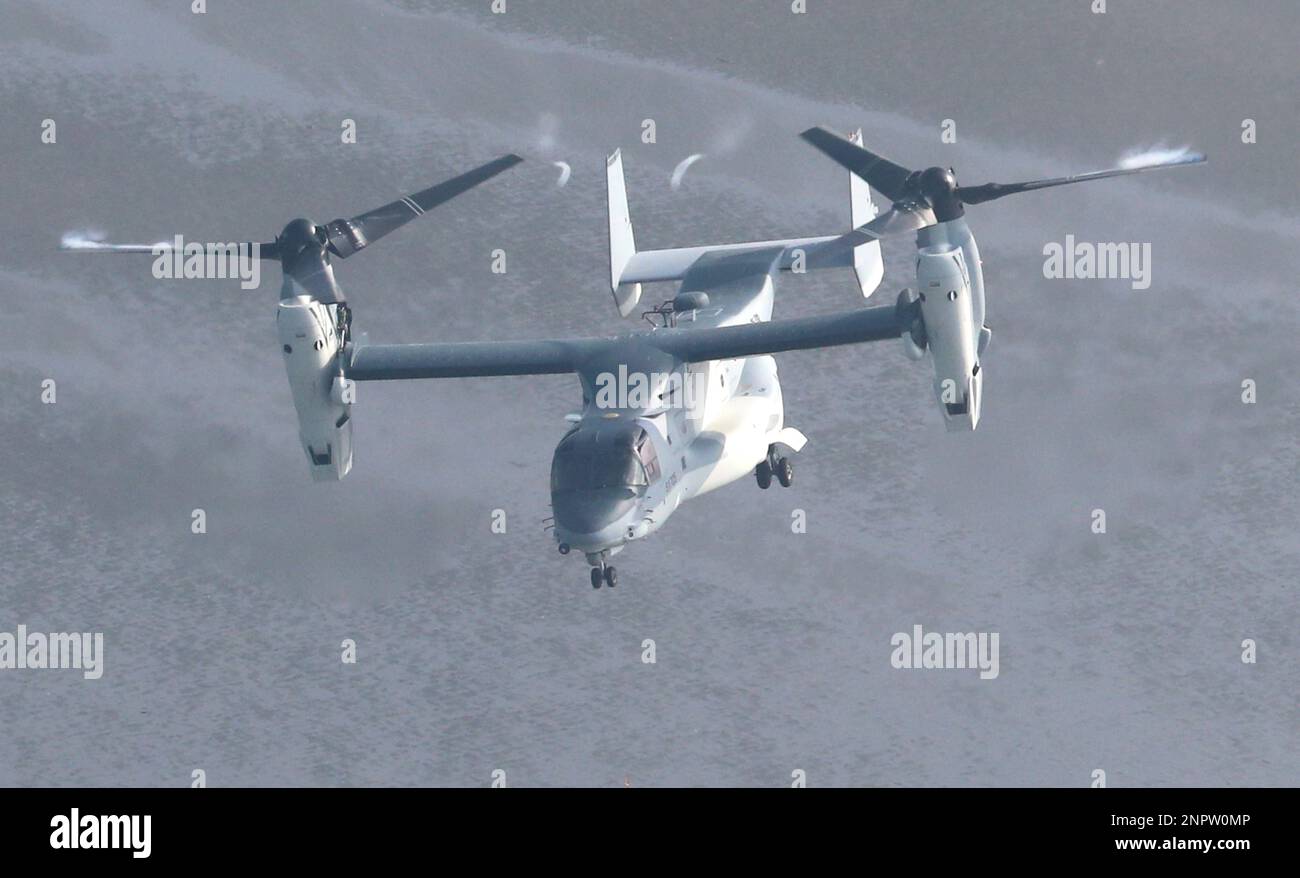 An aerial photo shows a Bell Boeing V-22 Osprey of Japan Ground Self ...