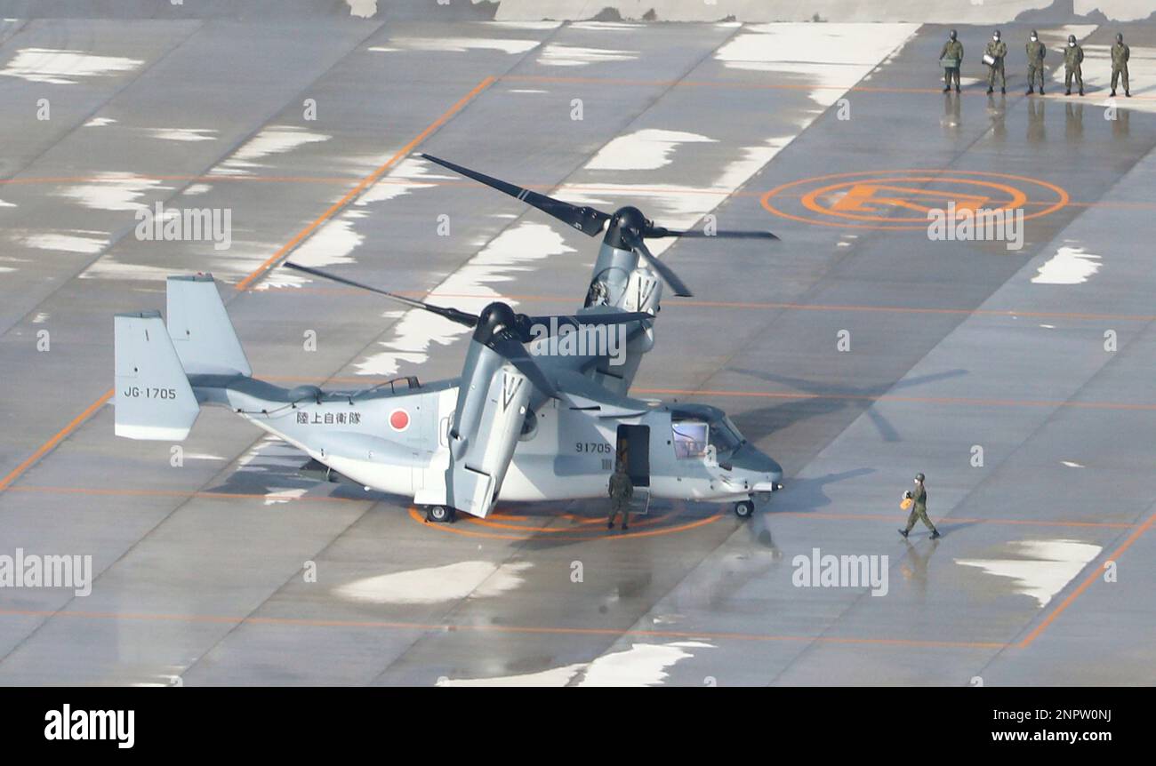 An aerial photo shows a Bell Boeing V-22 Osprey of Japan Ground Self ...