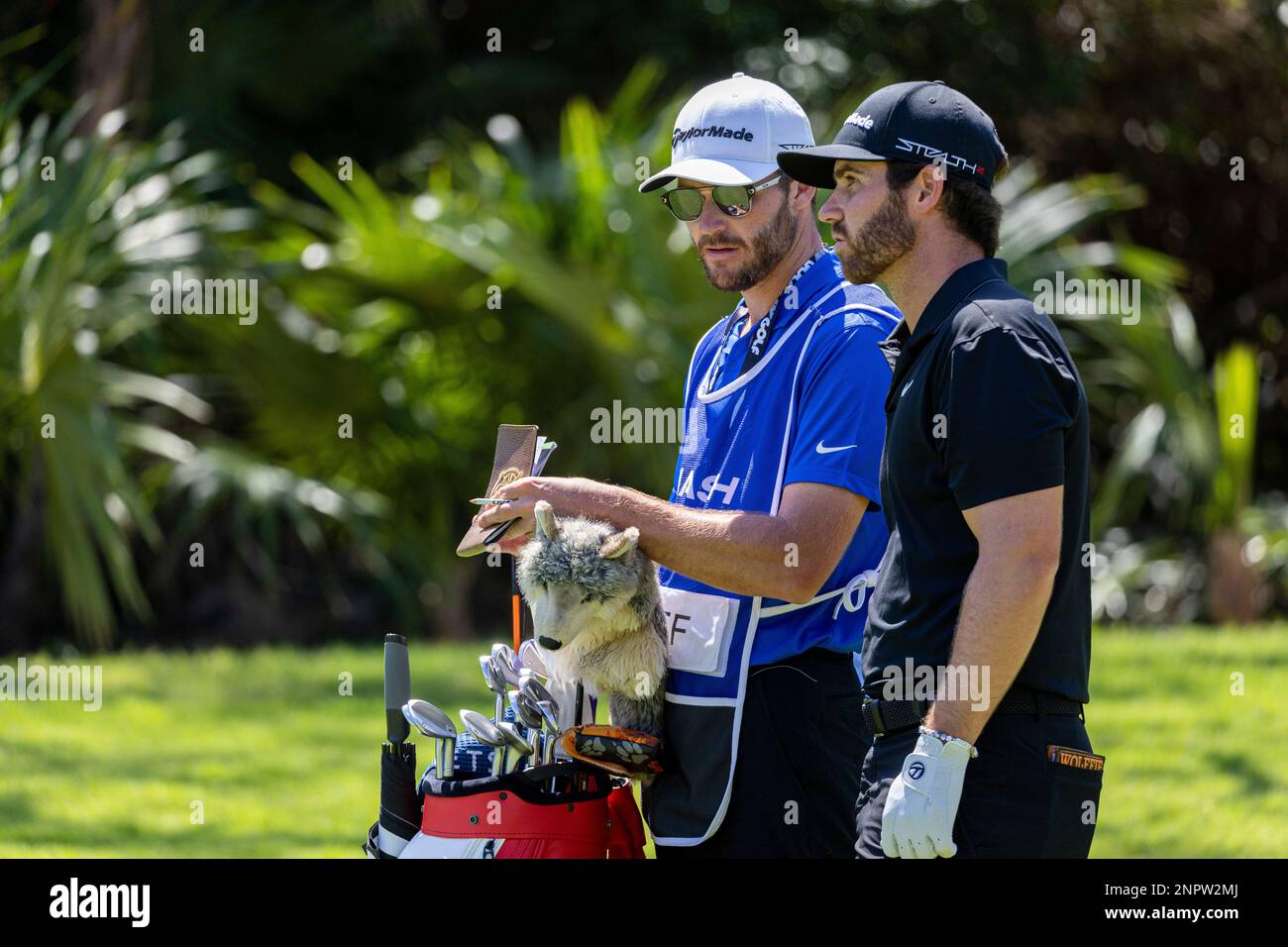 Matthew Wolff of Smash GC and his caddie read his yardage on the first ...