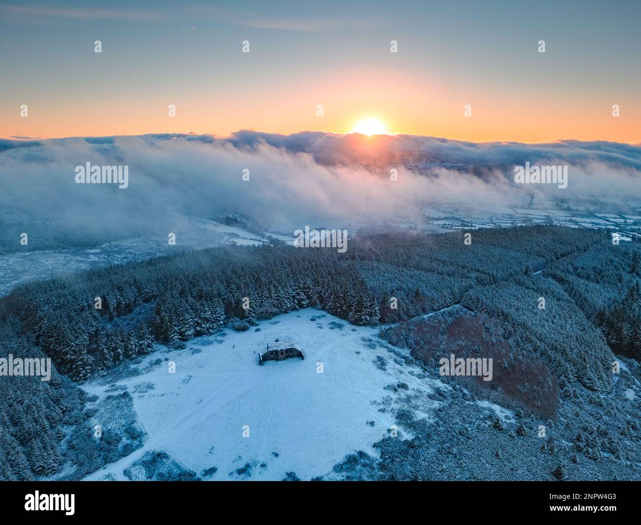 Aerial view of freezing fog and snow cover at the Hellfire Club on a ...