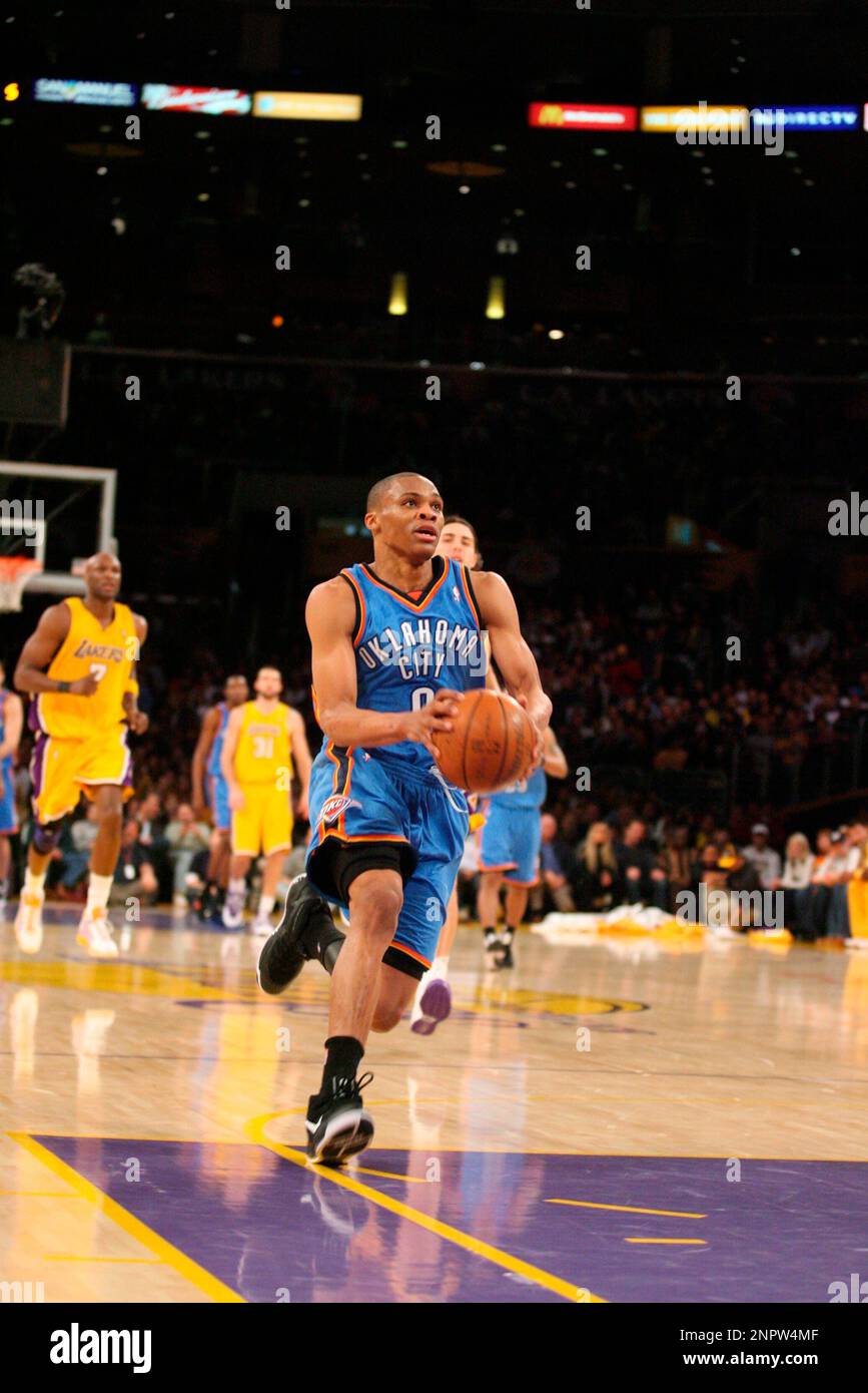 Oklahoma City Thunder guard Russell Westbrook (0) makes a move with the ...