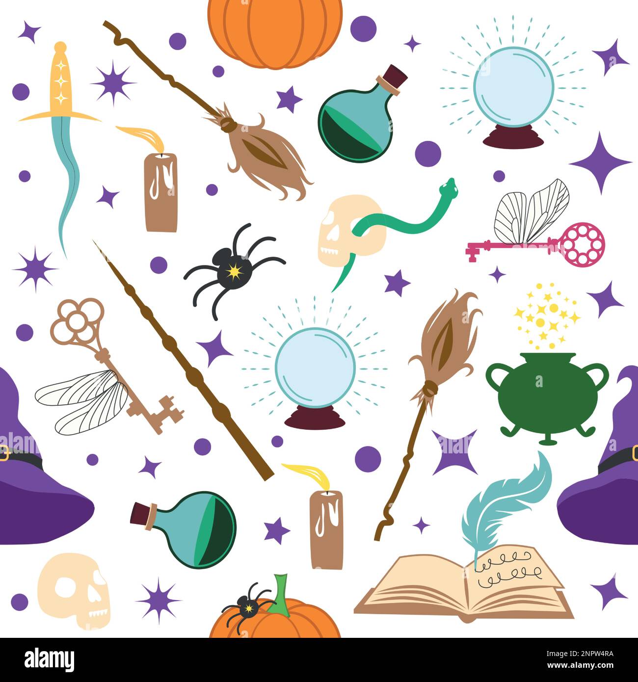 Magic items seamless pattern in flat style. School of Magic. Pumpkin ...