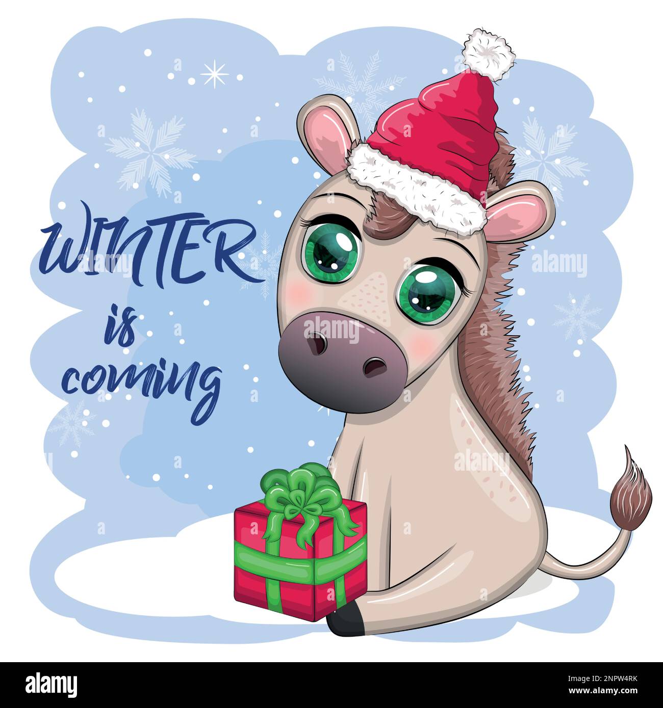Cute donkey in santa hat with balloon, gift, candy kane, ice skating ...