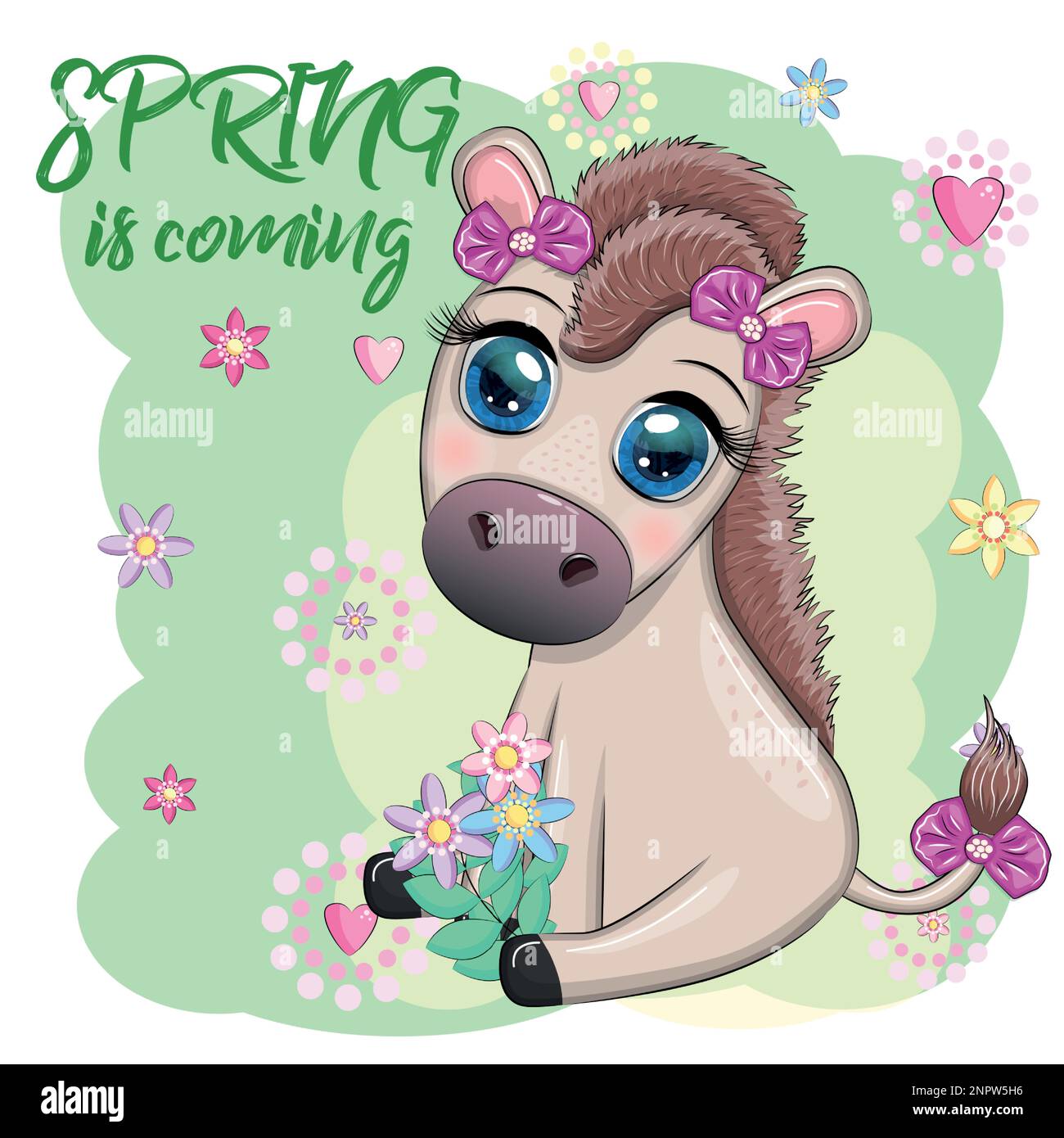 Cute cartoon donkey, pony for postcard with flowers, spring is coming ...