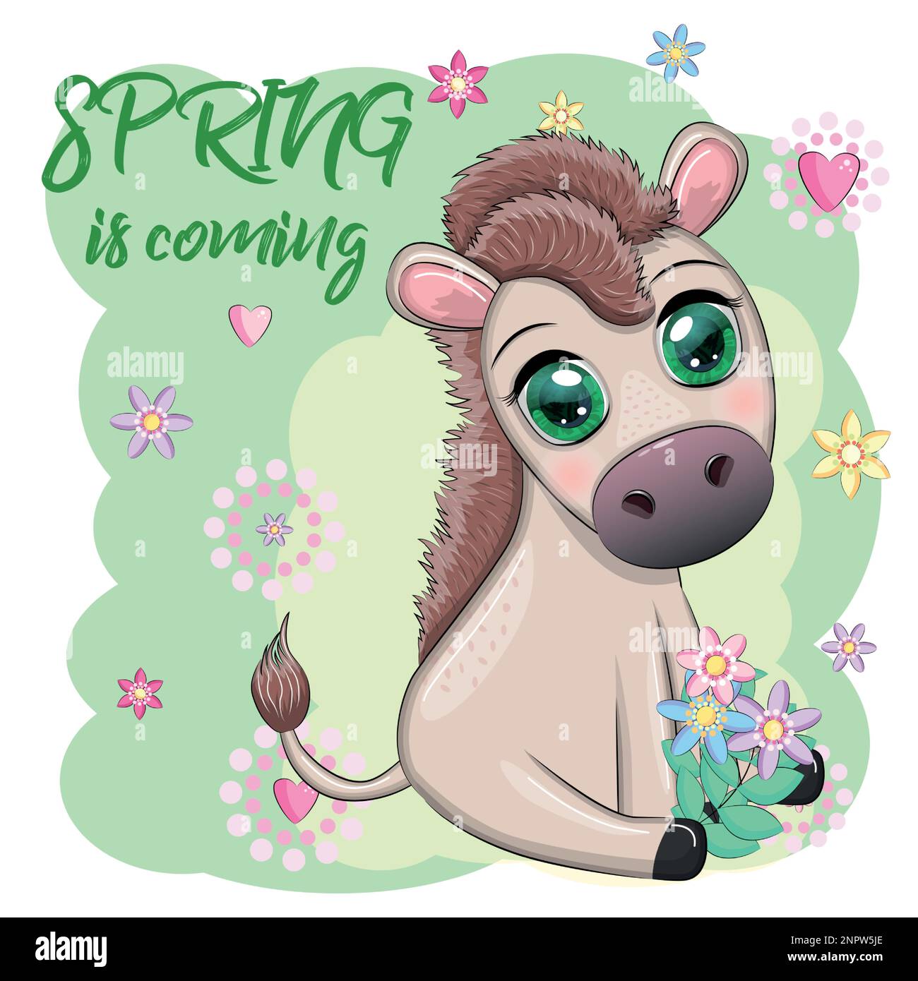 Cute cartoon donkey, pony for postcard with flowers, spring is coming ...