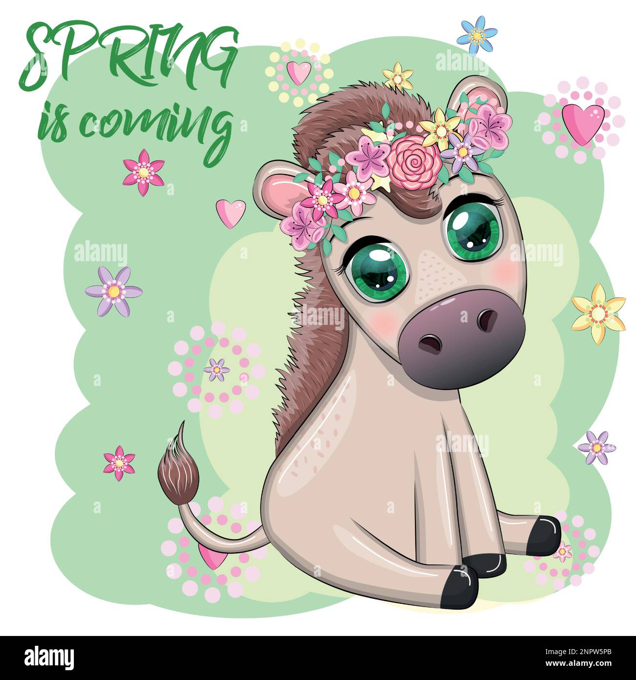 Cute cartoon donkey, pony for postcard with flowers, spring is coming Stock Vector Image & Art ...