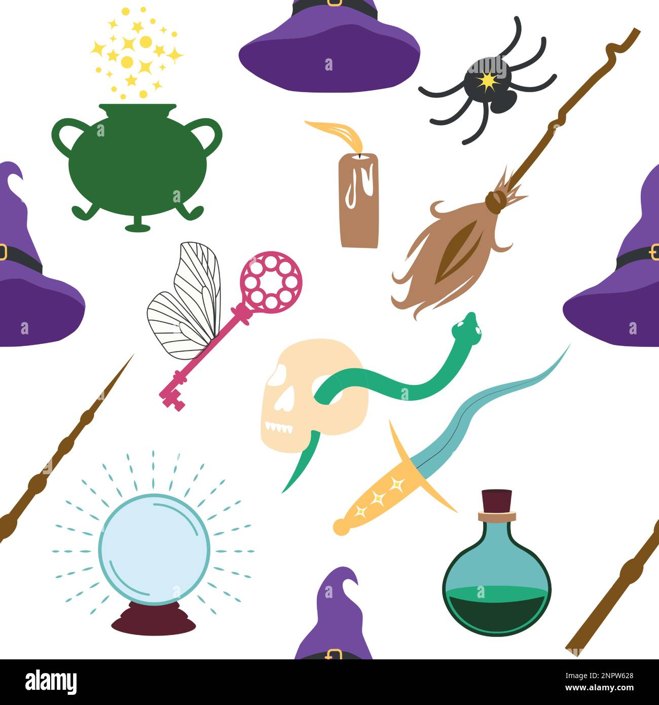 Magic items seamless pattern in flat style. School of Magic. Pumpkin ...