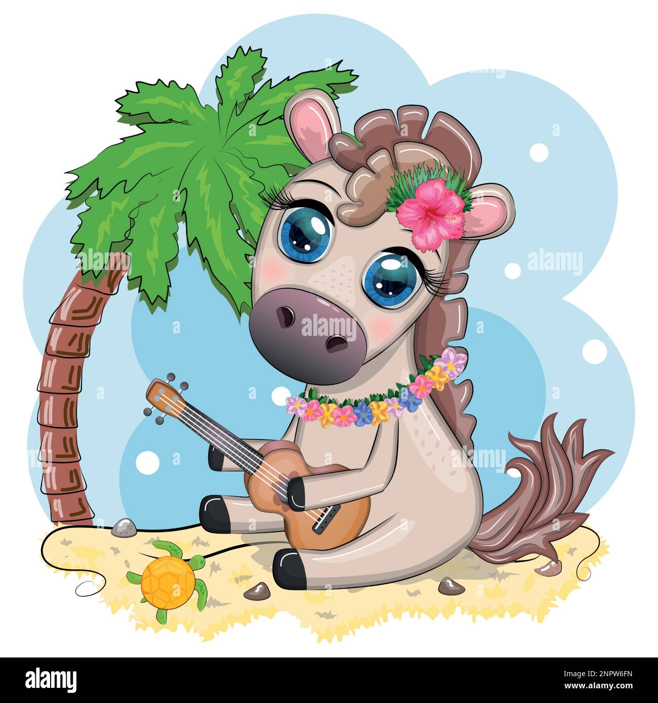 Nice horse, pony in flower wreath, hat, guitar, hula dancer from Hawaii ...