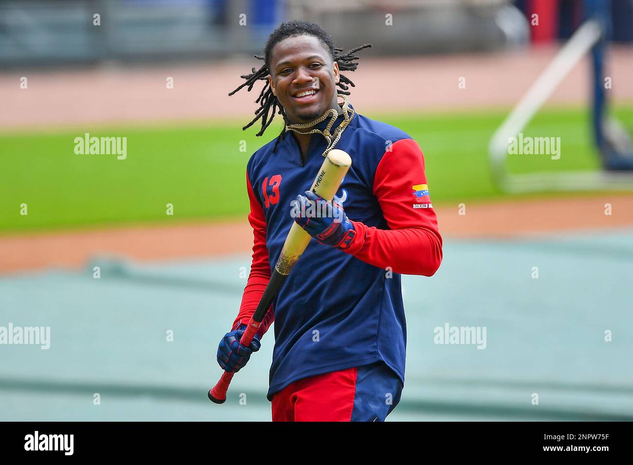 ATLANTA, GA - JULY 08: Outfielder Ronald Acuna, Jr. reacts in batting ...