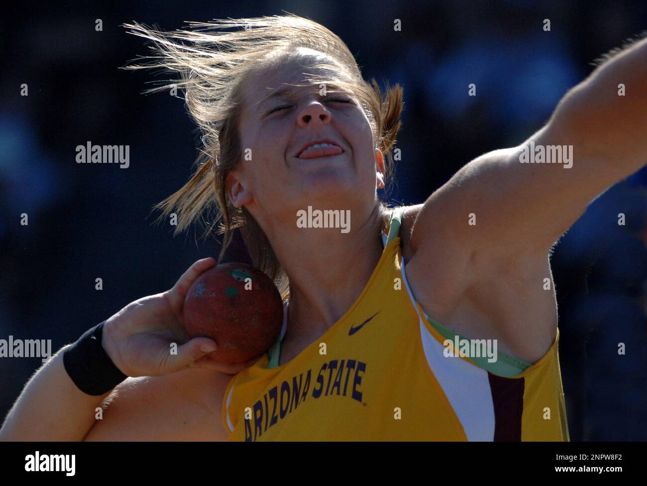 Sarah Stevens of Arizona State wins the women's shot put at 57-2 (17.42m) in the Pacific-10 ...