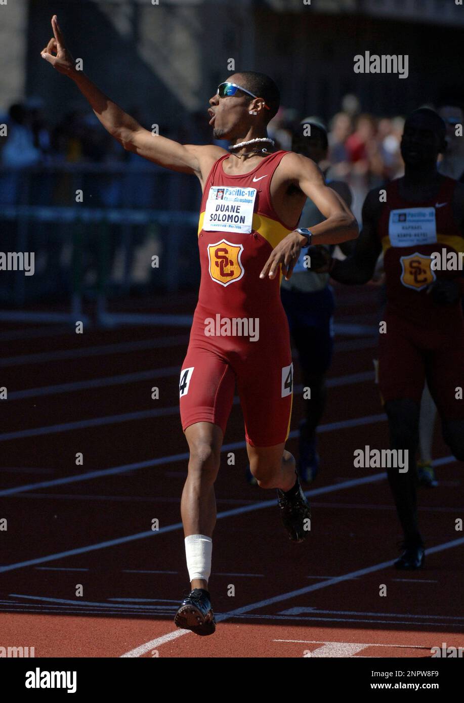Duane Solomon of USC celebrates after winning the 800 meters in 1:48.03 ...