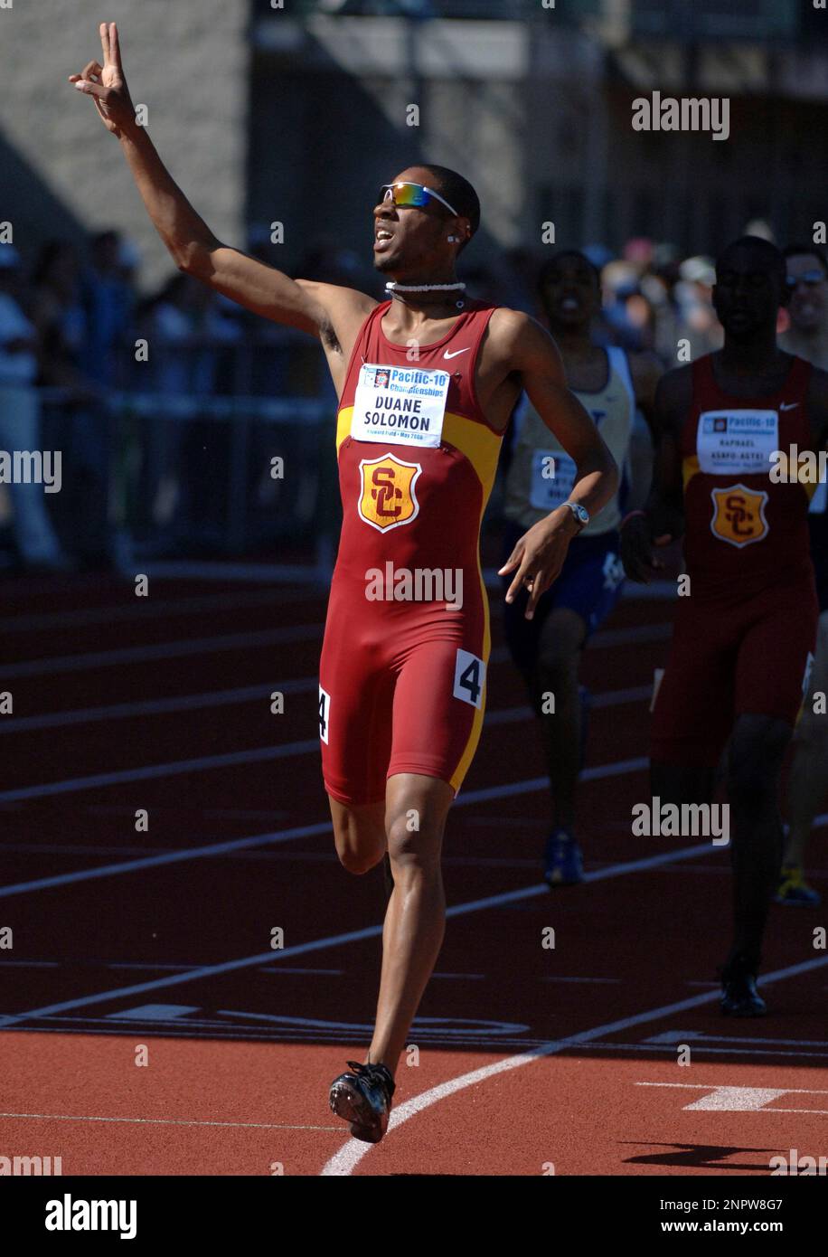 Duane Solomon of USC celebrates after winning the 800 meters in 1:48.03 ...