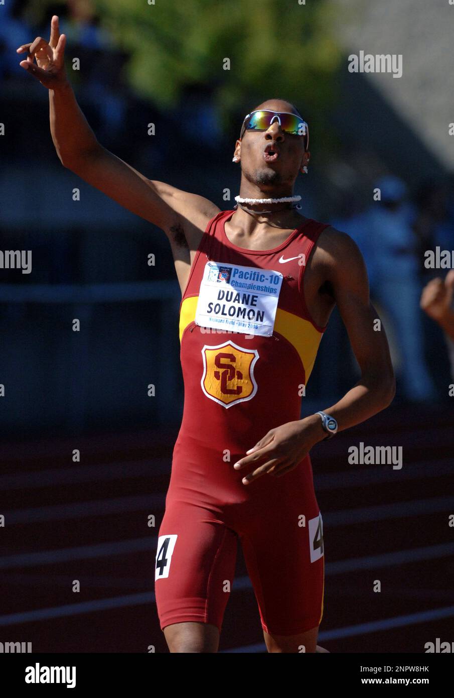 Duane Solomon of USC celebrates after winning the 800 meters in 1:48.03 ...