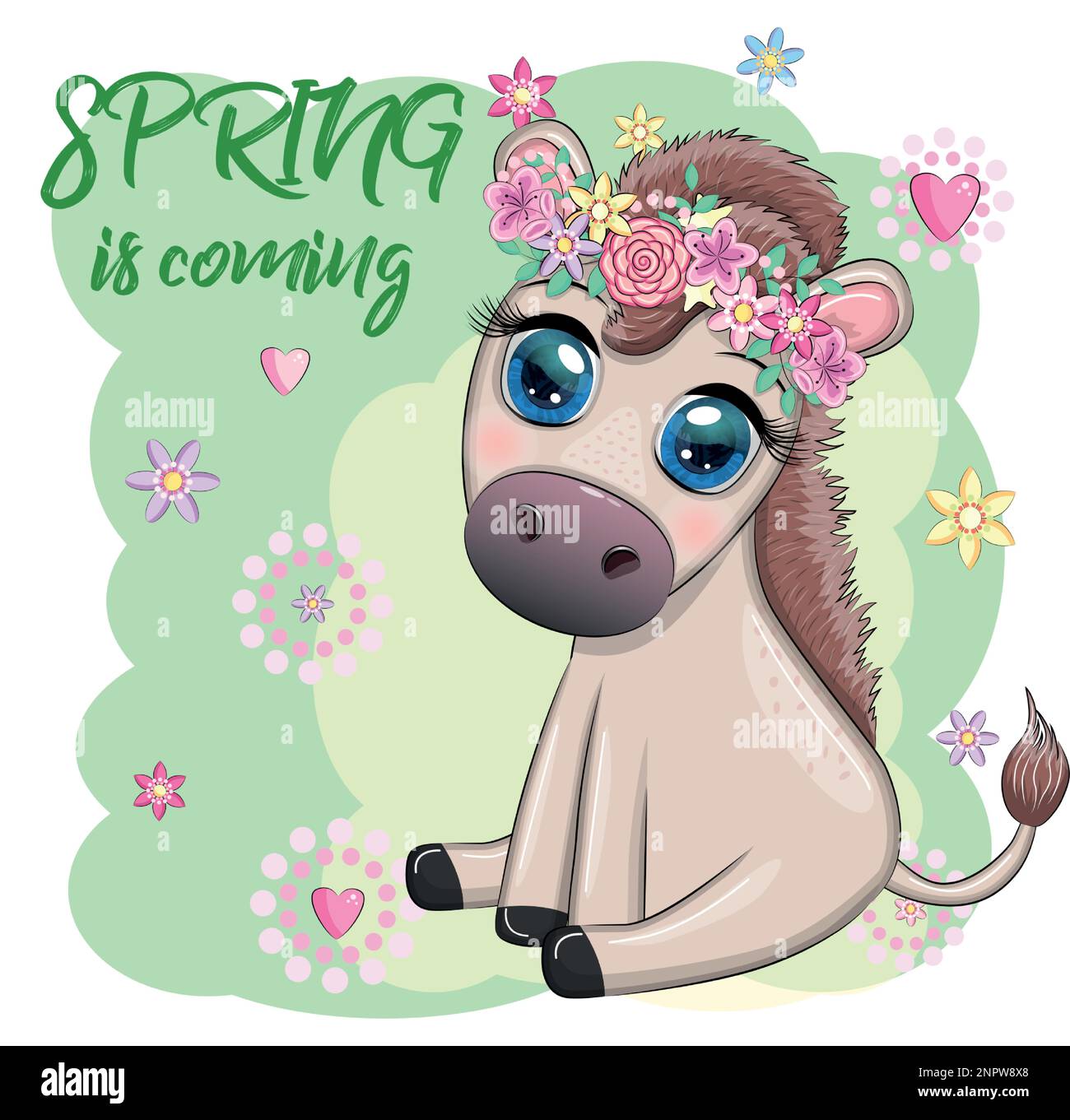 Cute cartoon donkey, pony for postcard with flowers, spring is coming Stock Vector Image & Art ...