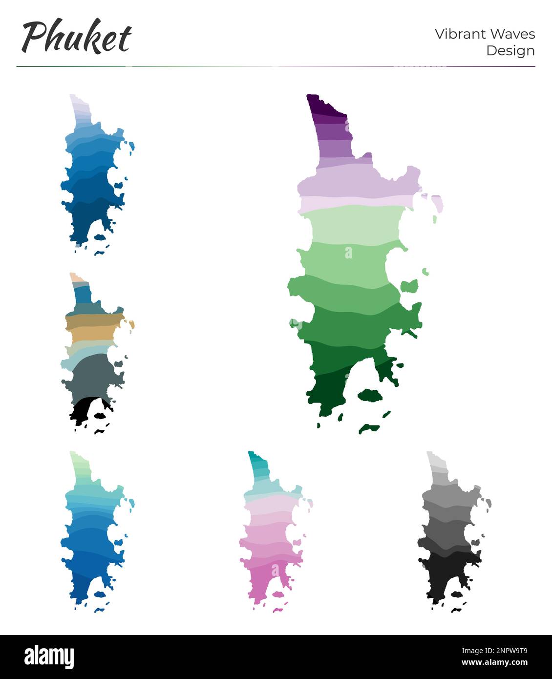 Set of vector maps of Phuket. Vibrant waves design. Bright map of island in geometric smooth ...