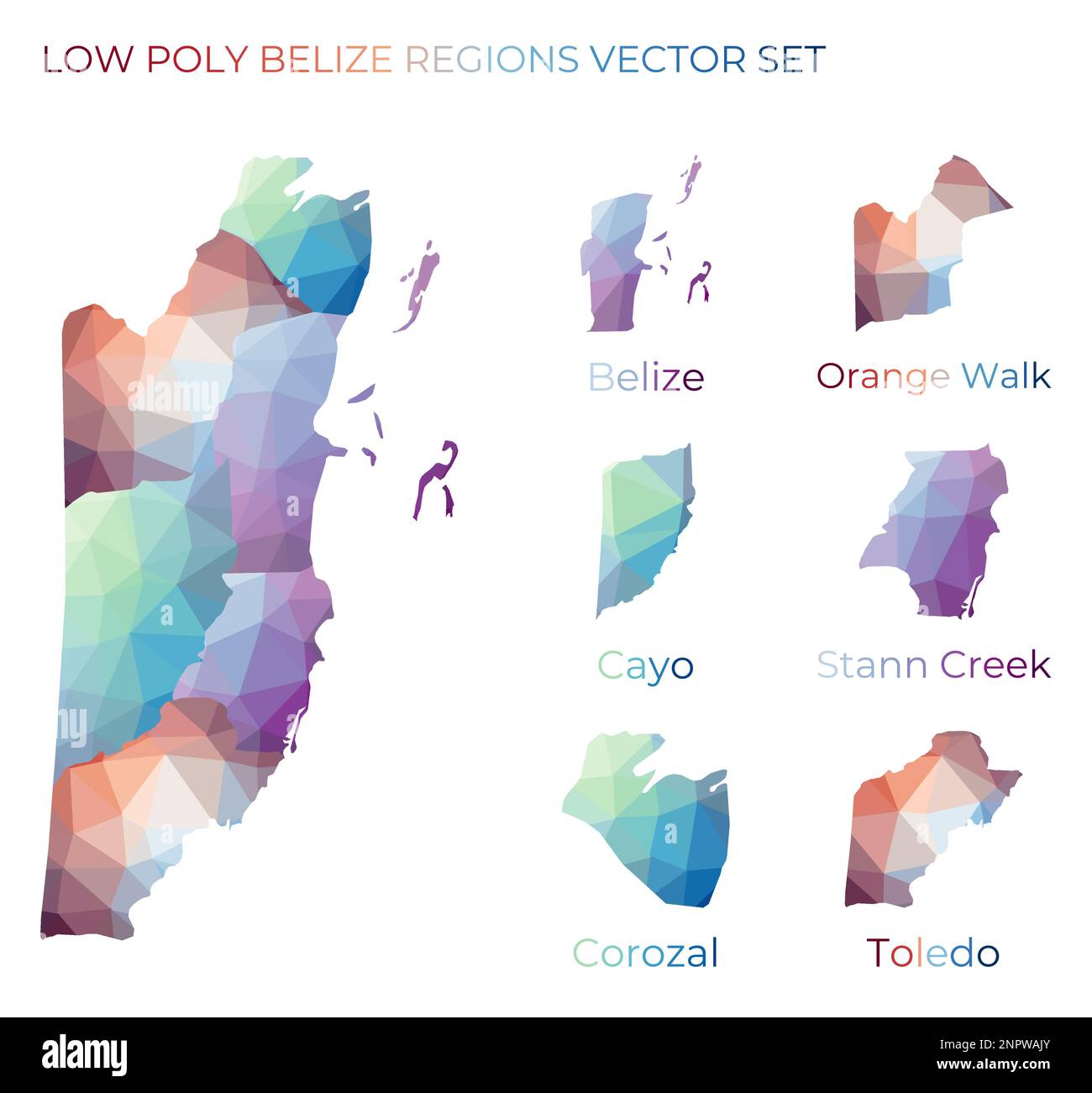 Belizean low poly regions. Polygonal map of Belize with regions. Geometric maps for your design ...