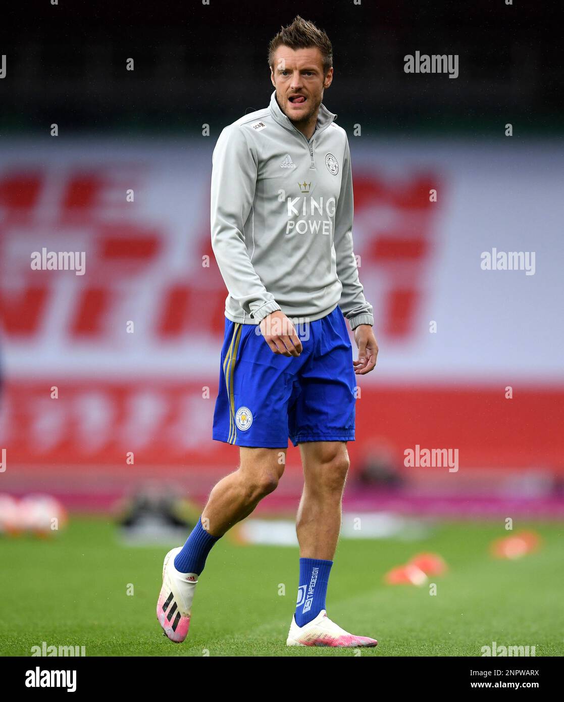 Leicester's Jamie Vardy warms up ahead of the English Premier League ...