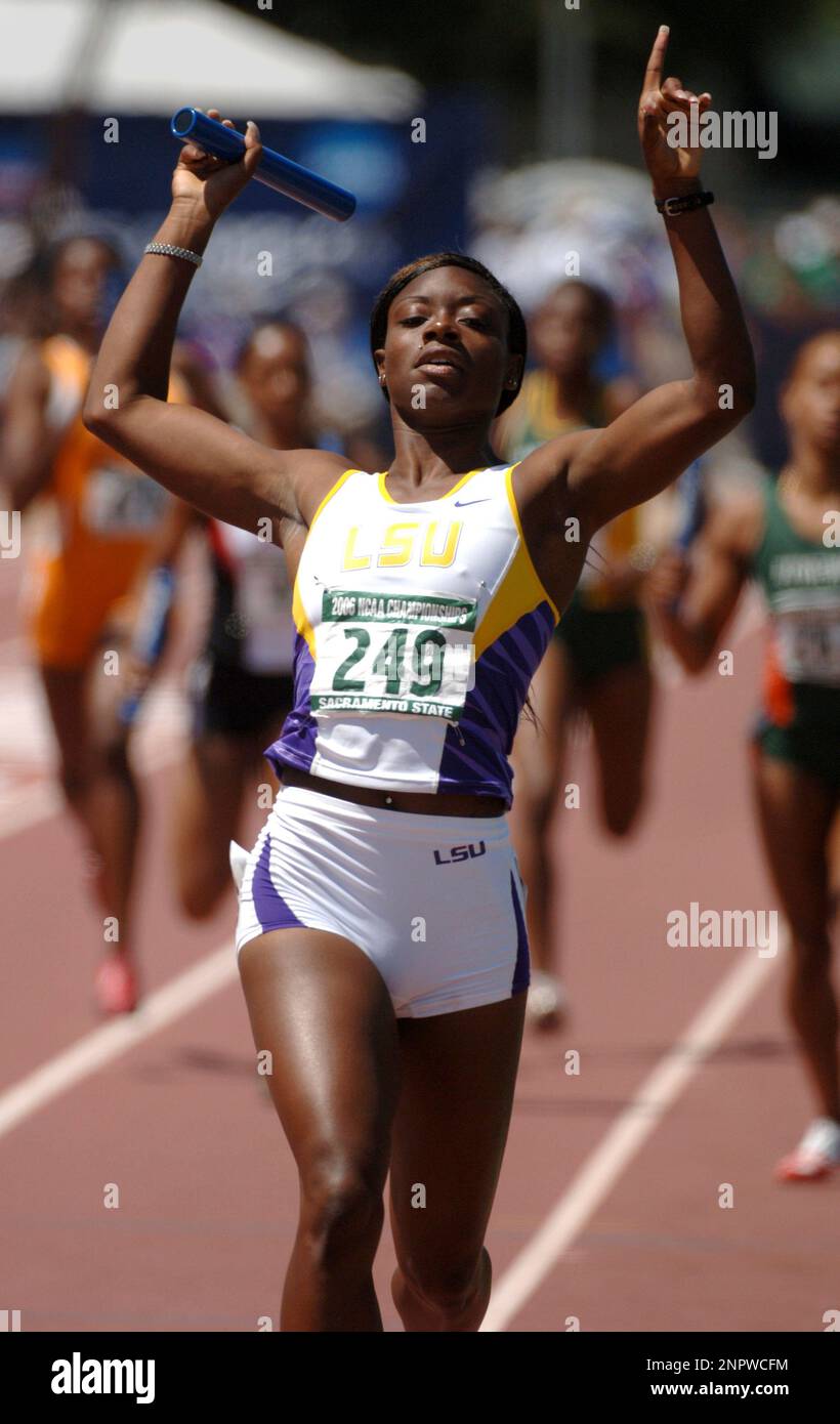 Deonna Lawrence celebrates after anchoring LSU to a meet-record 3:25.78 ...