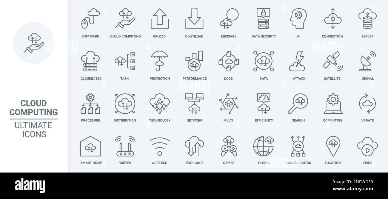 Cloud computing thin line icons set vector illustration. Outline server connection for download ...