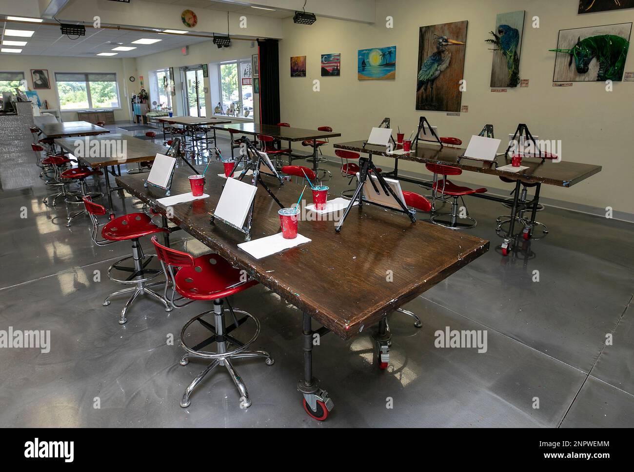 Tables prepared for an afternoon art class at Art Studio of Connecticut ...