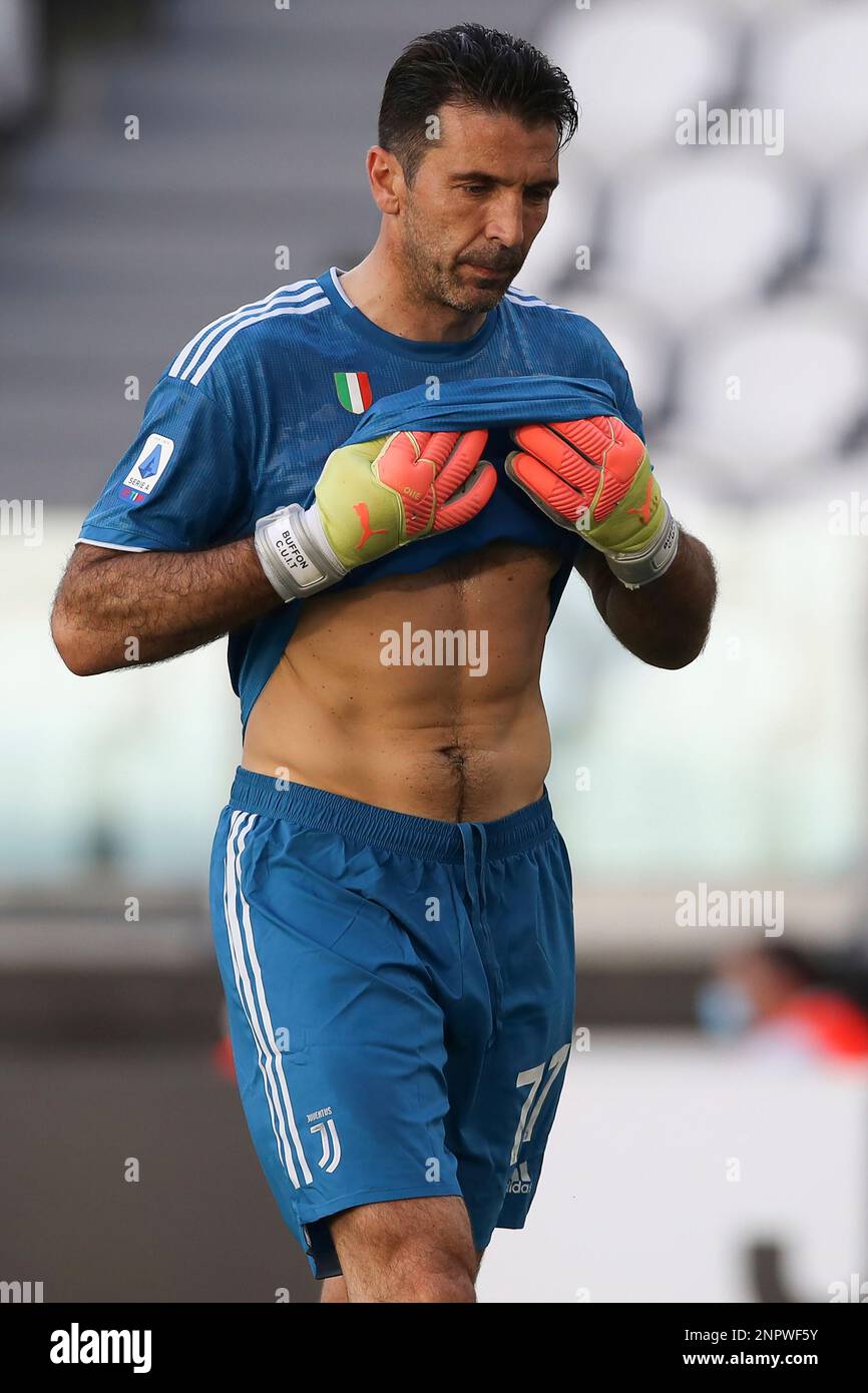 July 4, 2020, Turin, United Kingdom: Juventus's Italian goalkeeper Gianluigi Buffon exposes his ...
