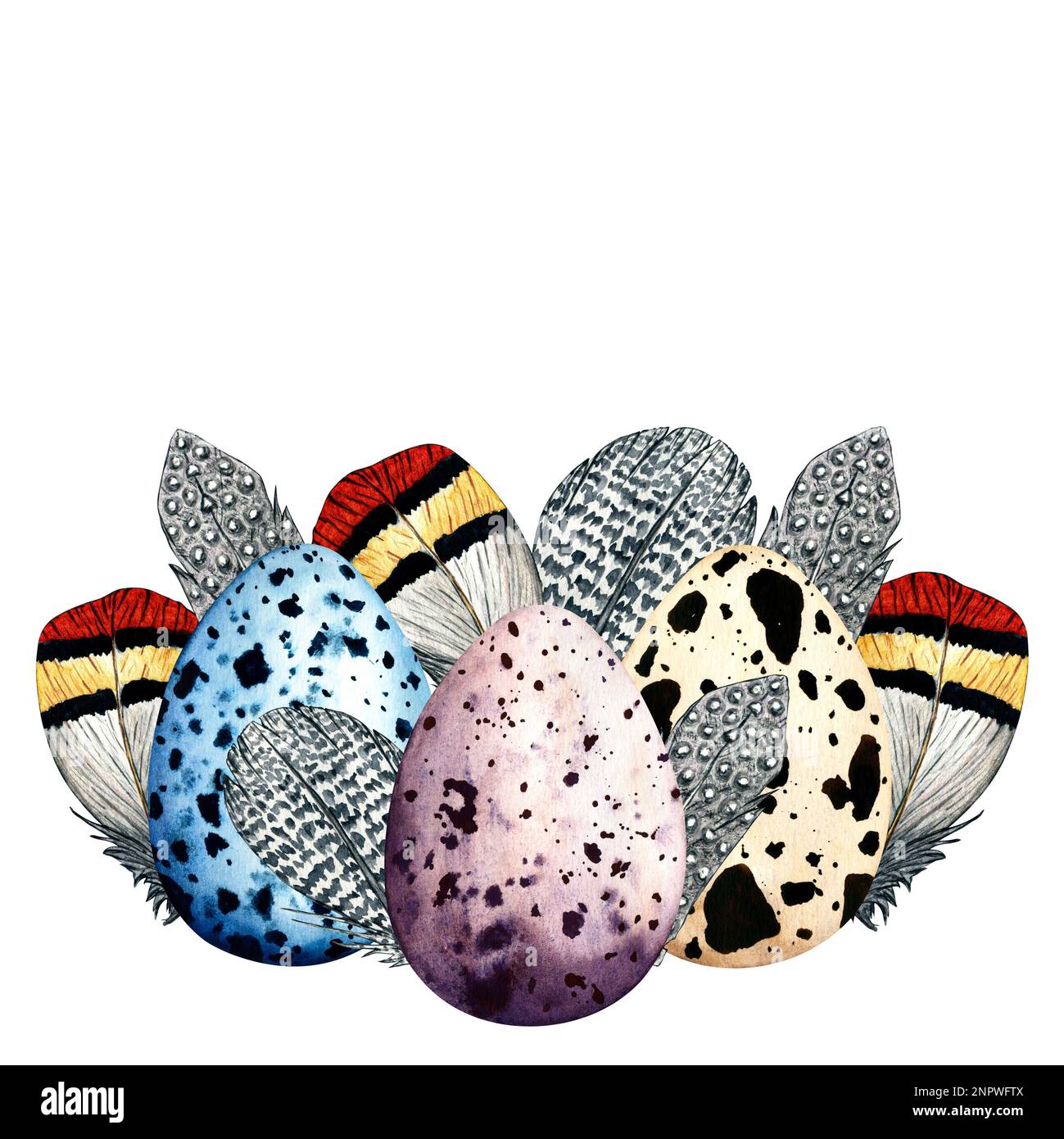 Watercolor easter spring illustration with feathers, colored eggs ...