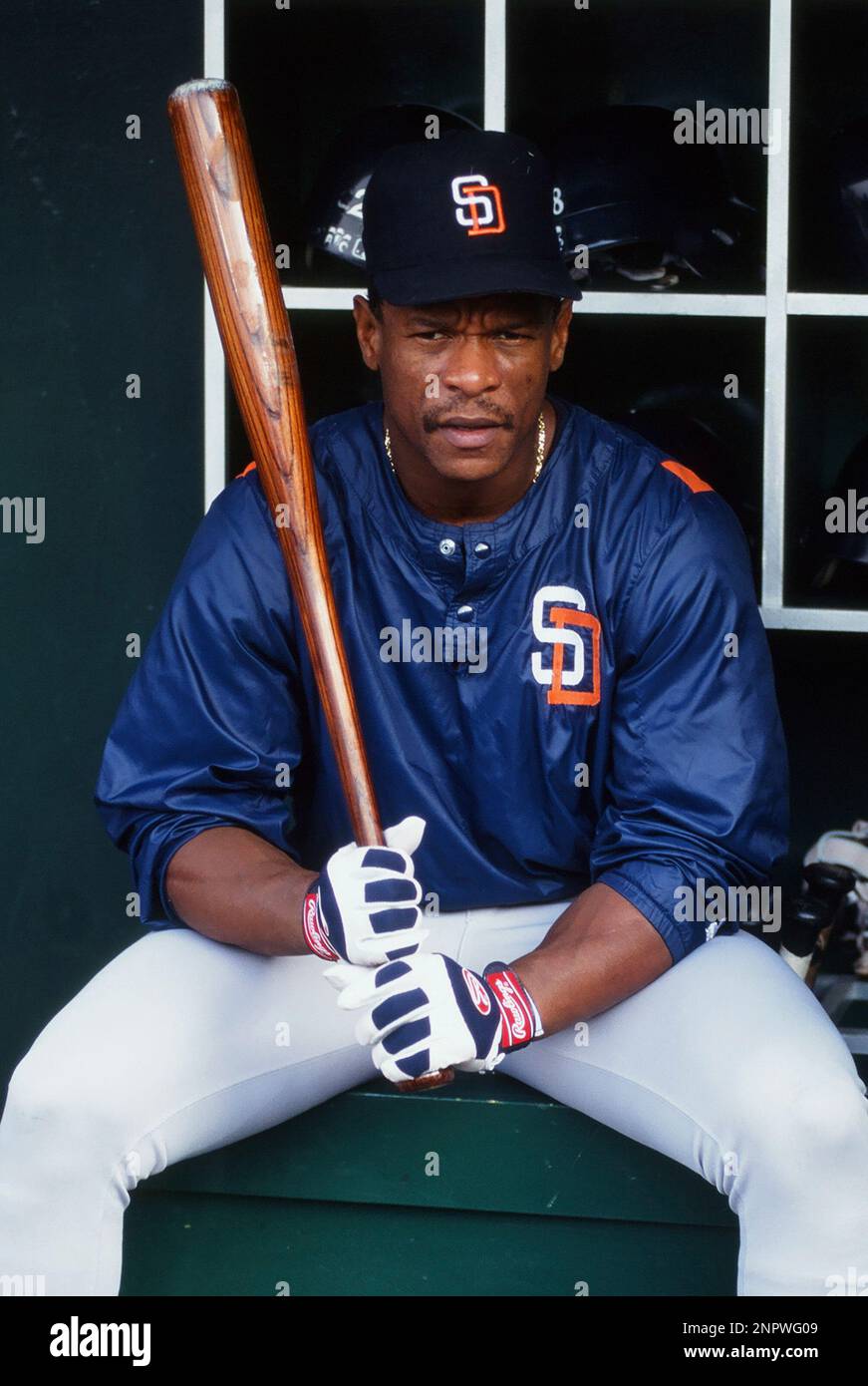 12 Jun. 1997: San Diego Padres outfielder Rickey Henderson (24) sits on ...
